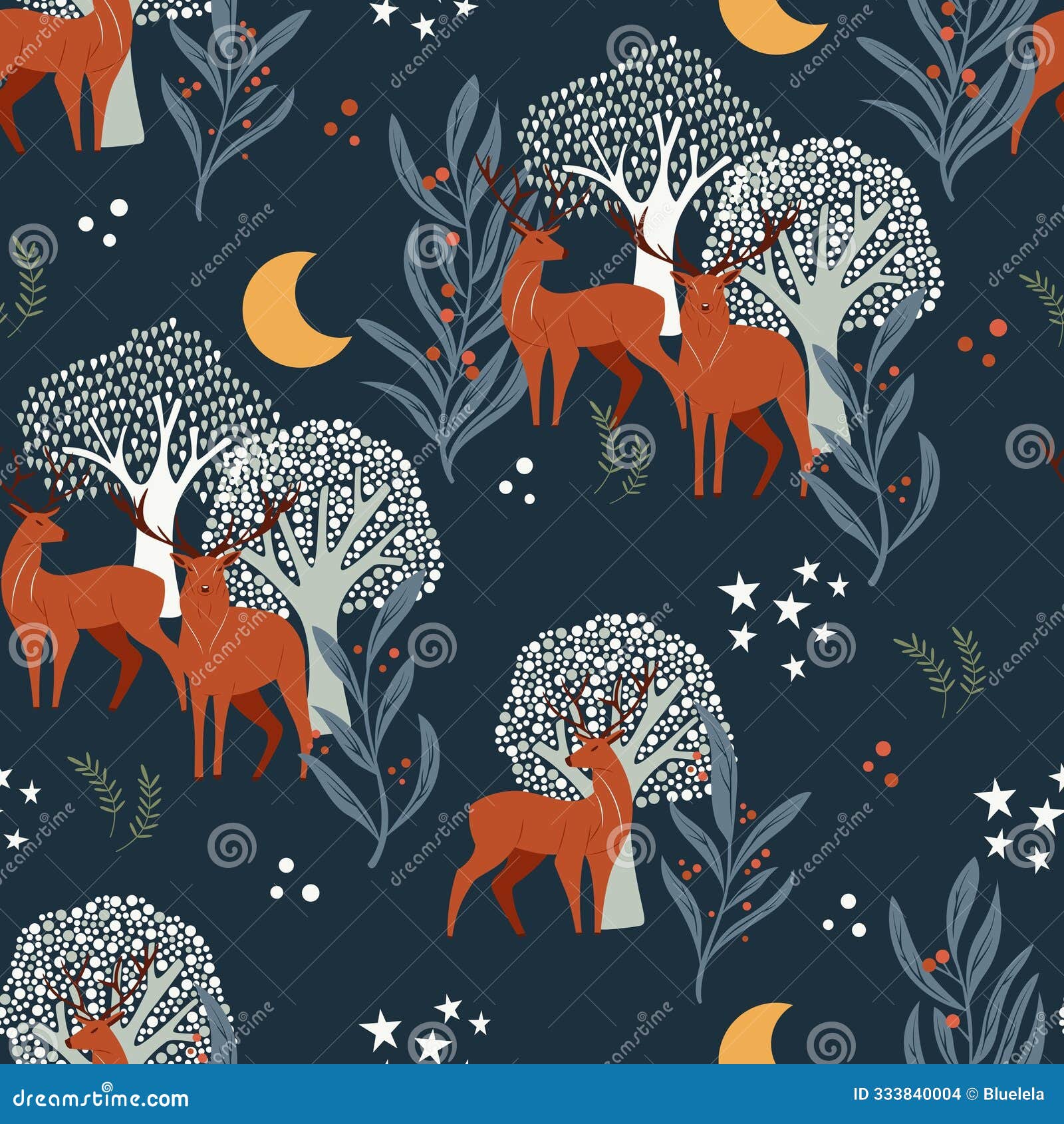 Majestic Deer in Enchanted Night Forest Pattern. Hand Drawn Deer in a ...