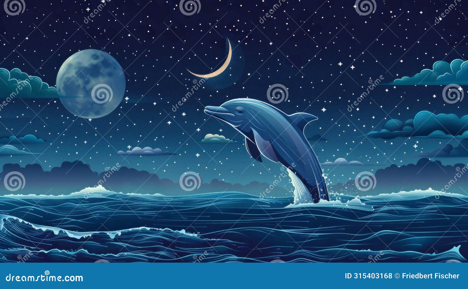 Majestic Dolphin Leaping Under Moonlit Starry Night Sky Stock Photo ...