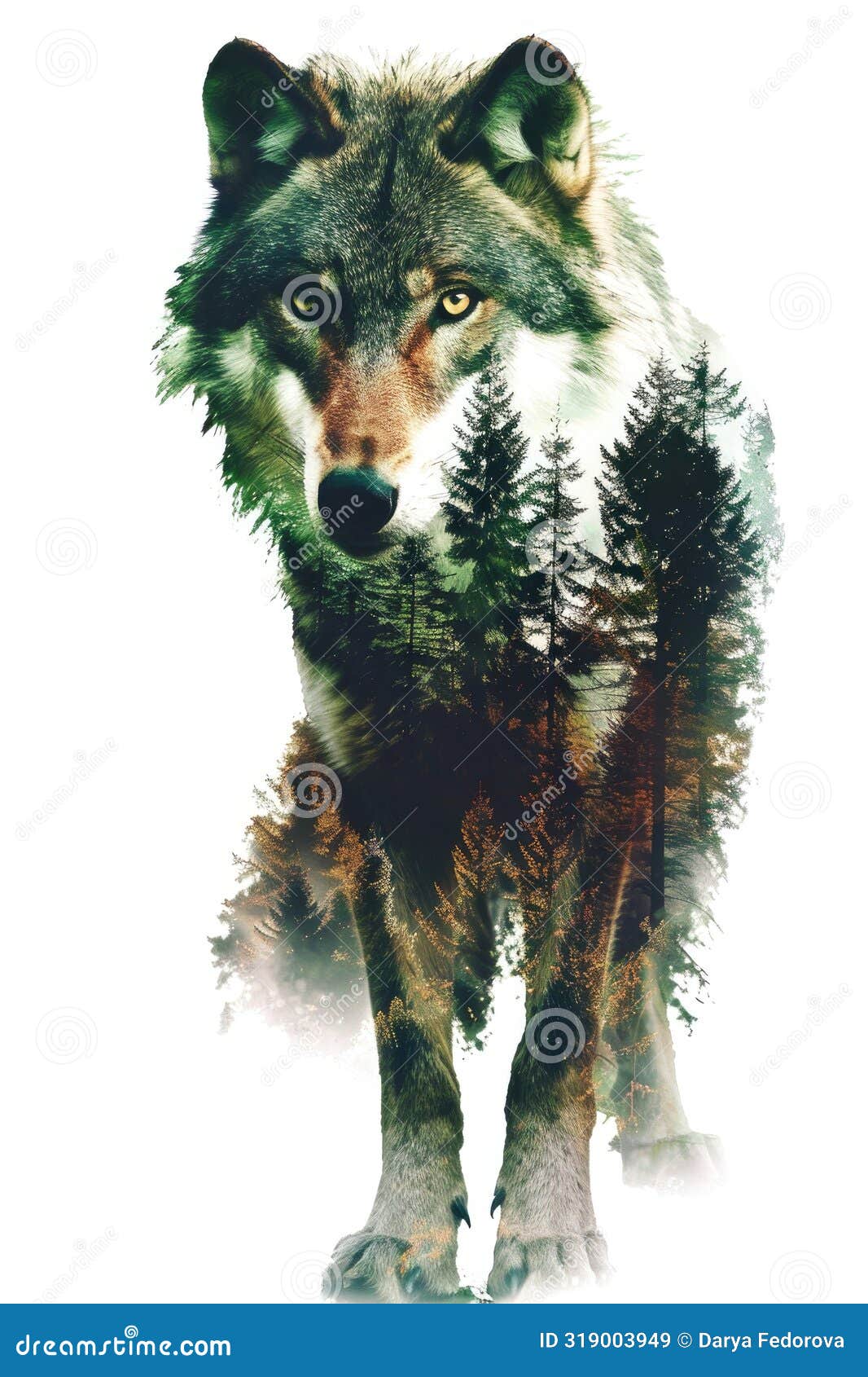 Majestic Double Exposure Wolf Portrait with Forest Landscape Stock ...