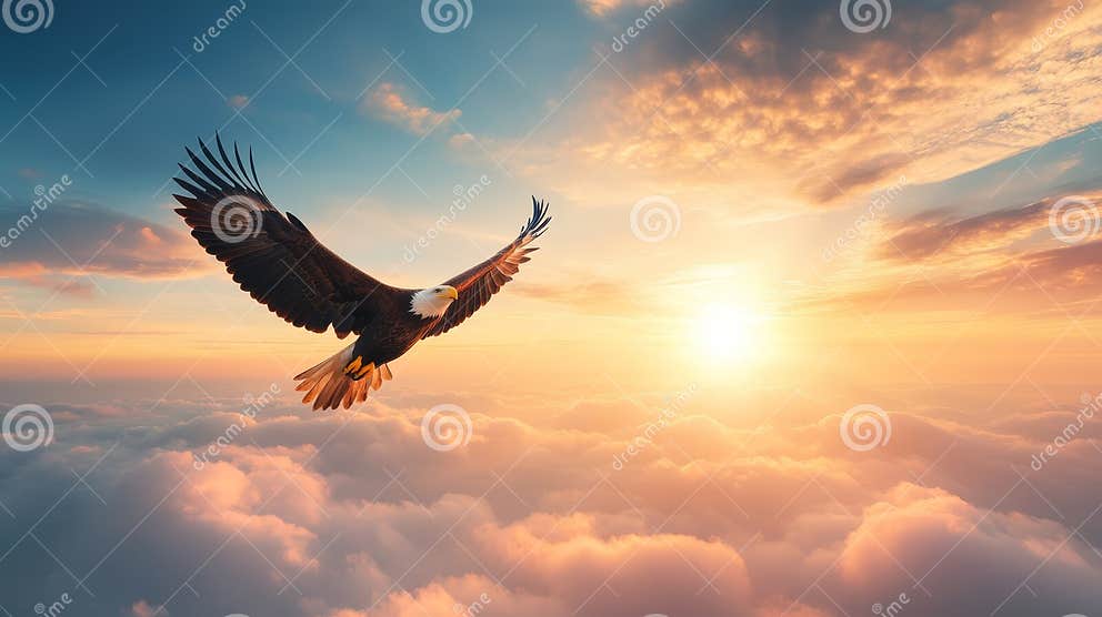 Majestic Eagle Flying Above Clouds at Sunrise Stock Illustration - Illustration of wings ...