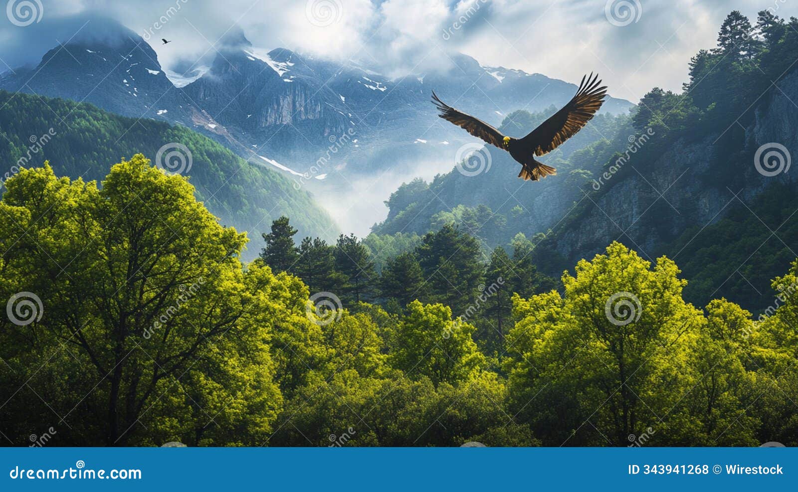 Eagle Soaring Over Lush Green Forest with Misty Mountains in the Background. Stock Illustration ...