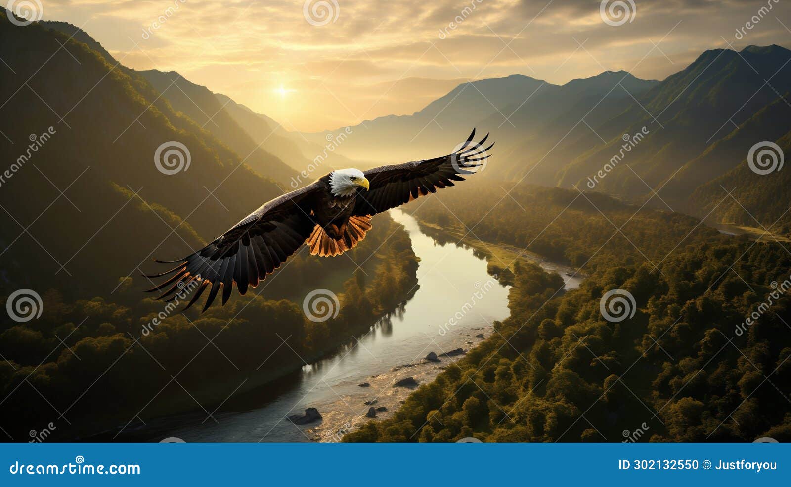 Majestic Eagle Soaring Over Sunlit River Valley. Generative Ai Stock Illustration - Illustration ...