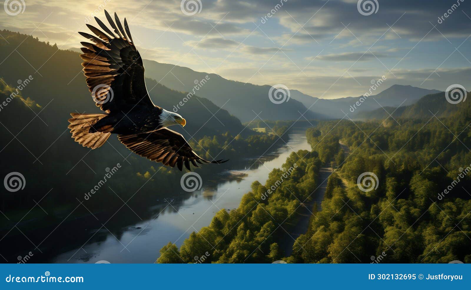 Majestic Eagle Soaring Over Sunlit River Valley. Generative Ai Stock Illustration - Illustration ...