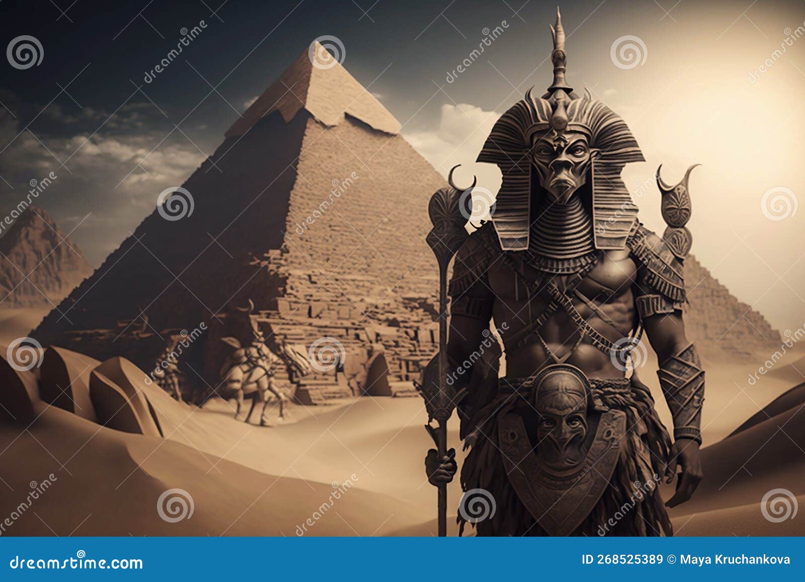 Majestic Egyptian God with Pyramids on Background in Desert Stock ...