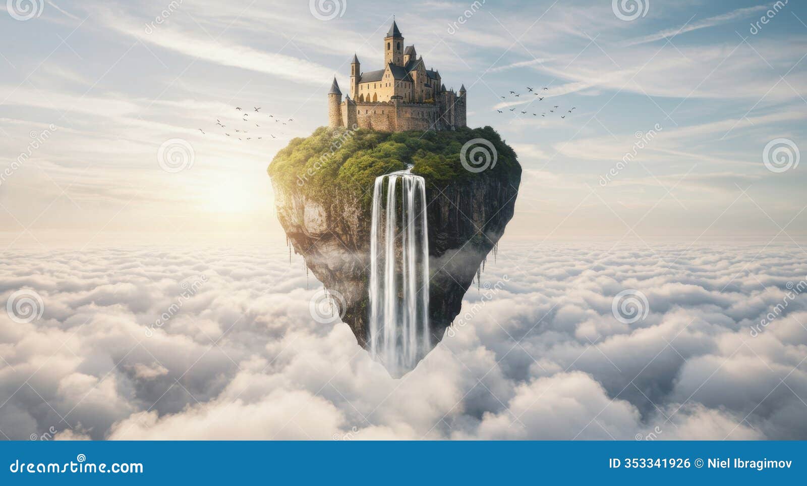 Majestic Floating Castle Island with Waterfall Above Clouds Stock Photo ...