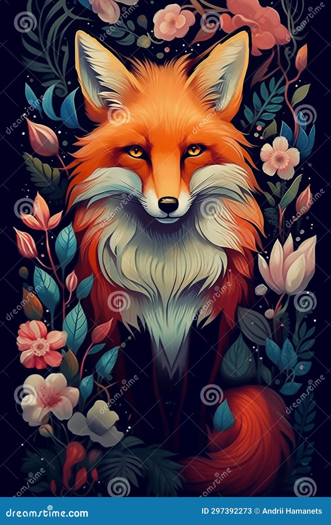 Majestic Fox Surrounded by Lush Florals in a Stylized Portrait Stock ...