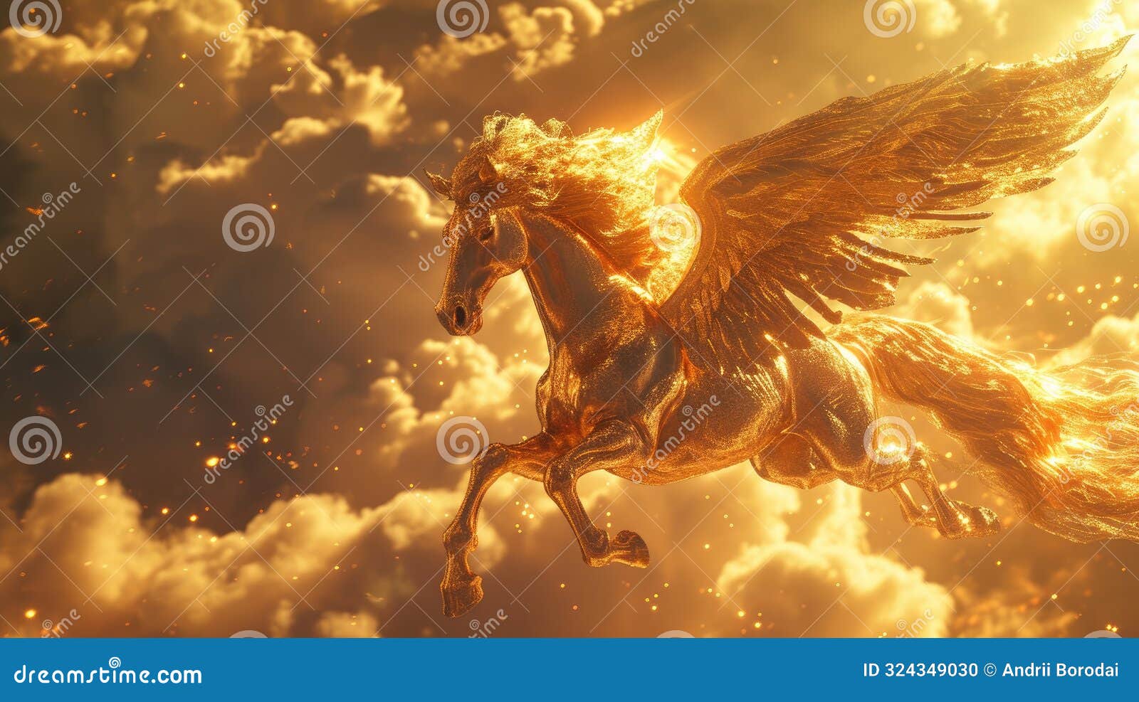 Majestic Golden Pegasus in Flight. Stock Illustration - Illustration of ...