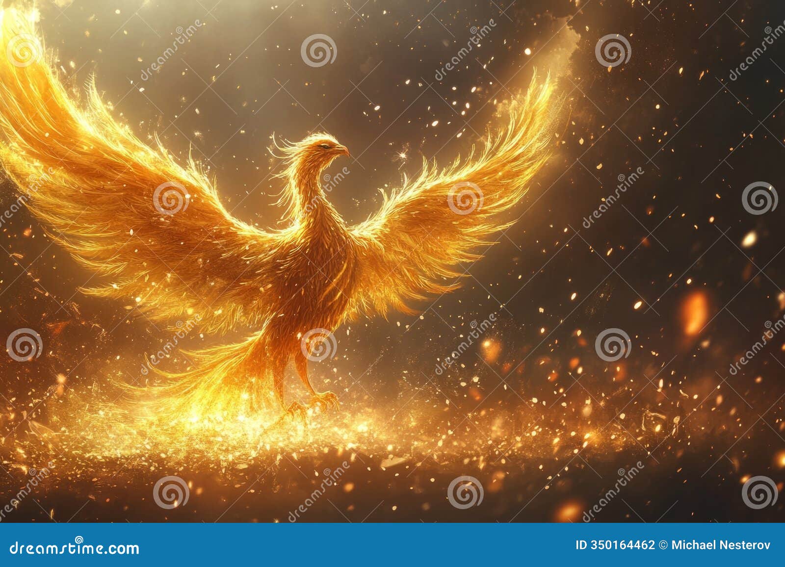 Majestic Golden Phoenix Rising from Ashes in a Blaze of Glory Stock ...