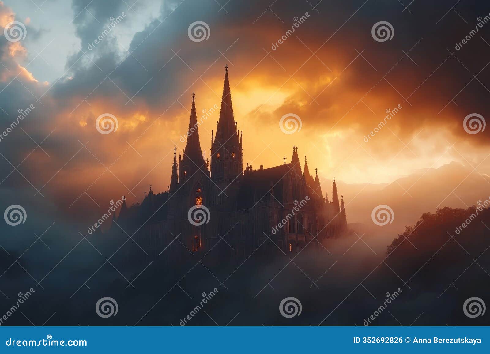 Majestic Gothic Castle at Sunset Surrounded by Fog and Dramatic Sky ...