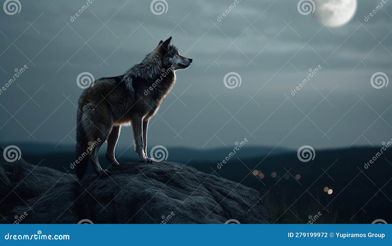 Majestic Gray Wolf Standing in Moonlit Forest, Howling at Dusk ...