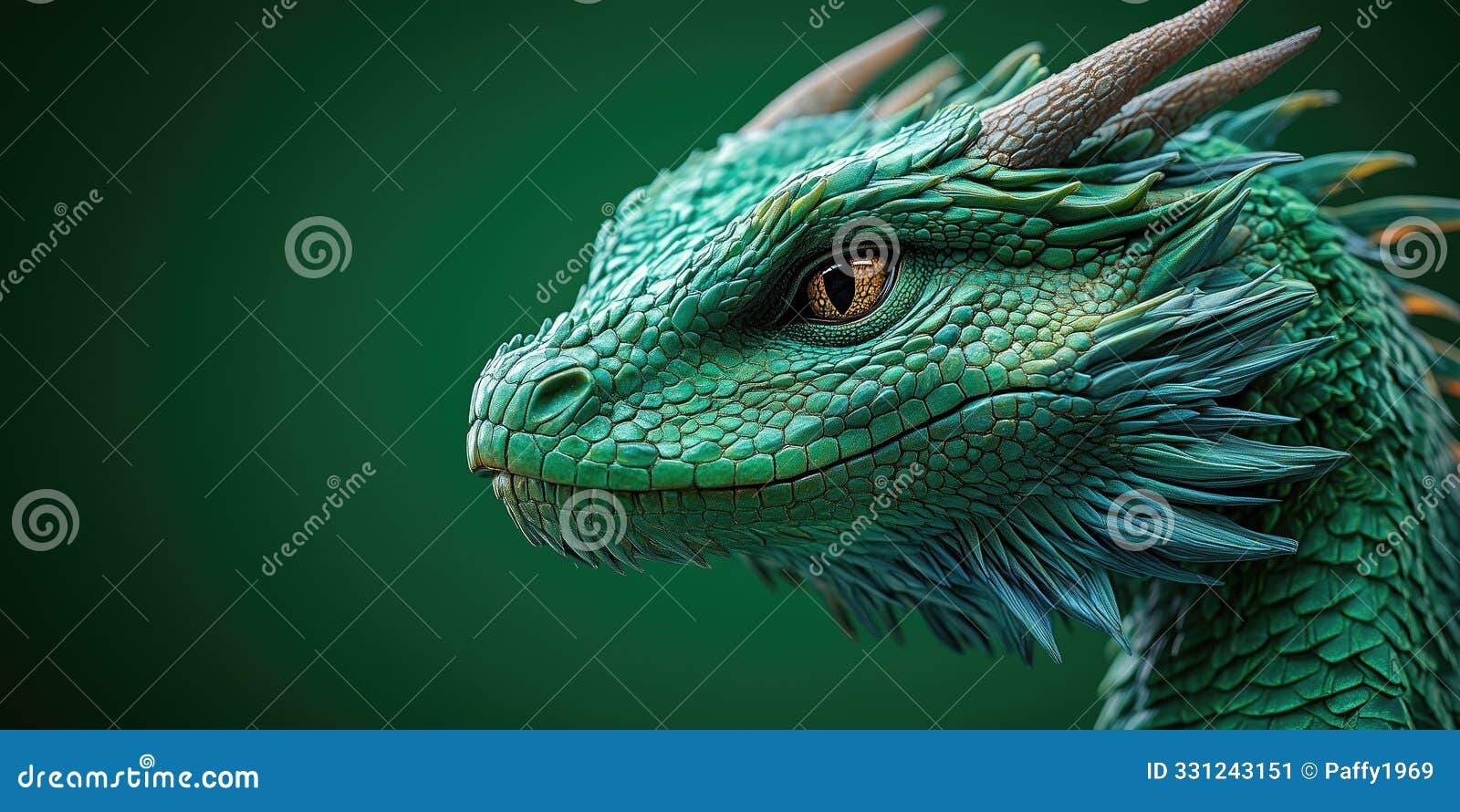 Majestic Green Dragon Portrait on Green Backdrop, Banner with Copy ...
