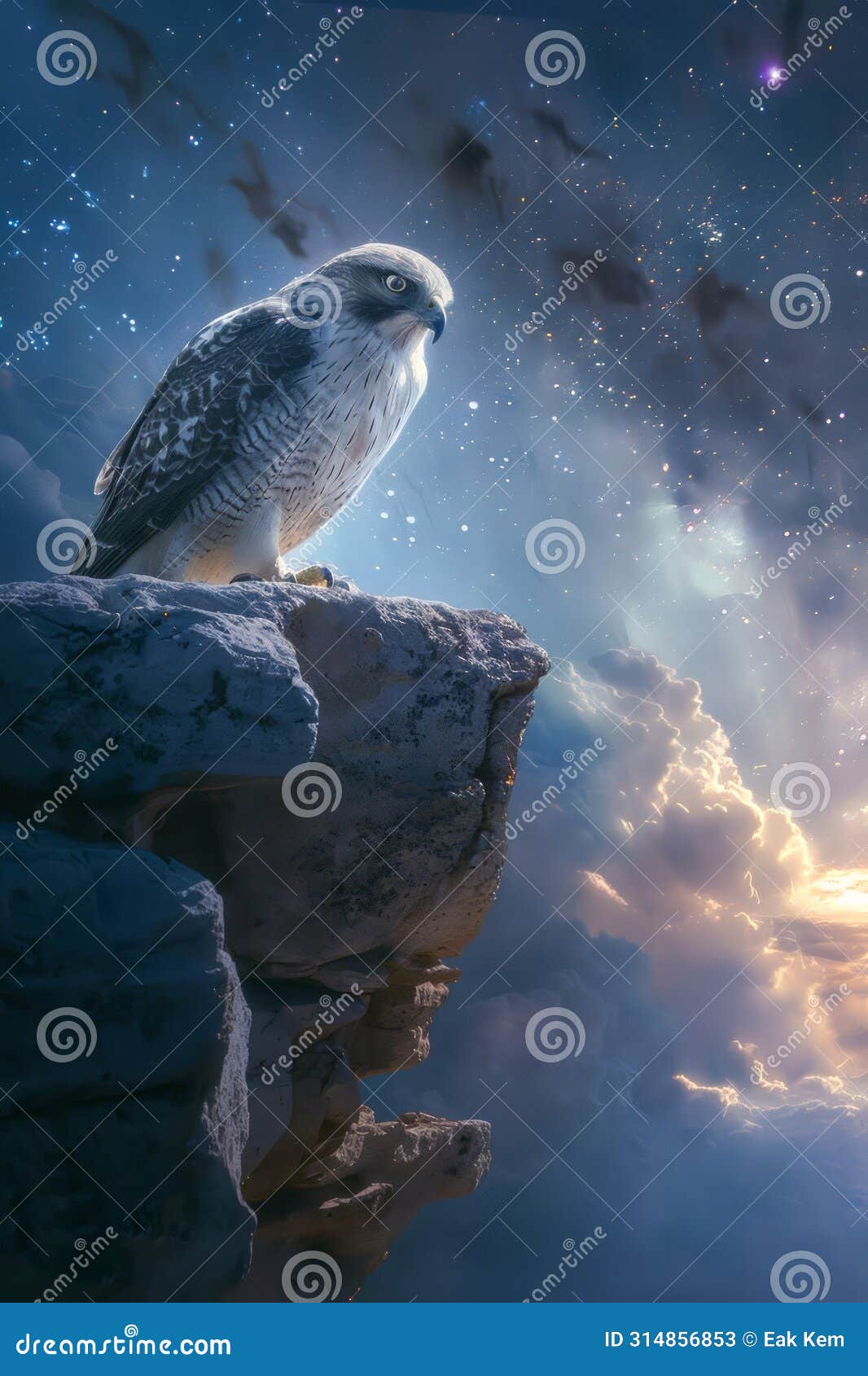 Majestic Hawk Perched on Rocky Cliff Under Starry Night Sky with ...