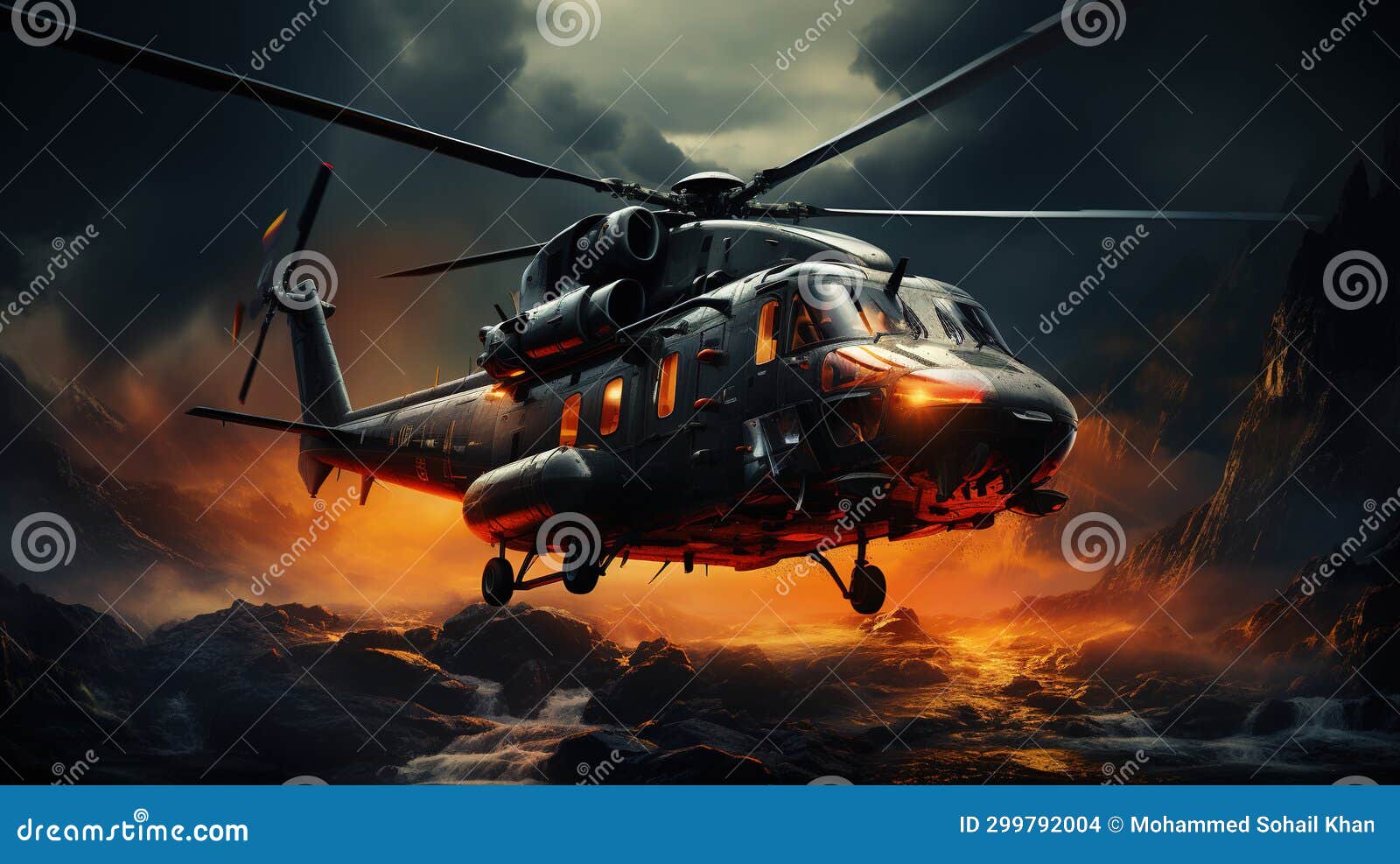 Majestic Helicopter at Night Time a Cloudy Sky in Blurry Background ...