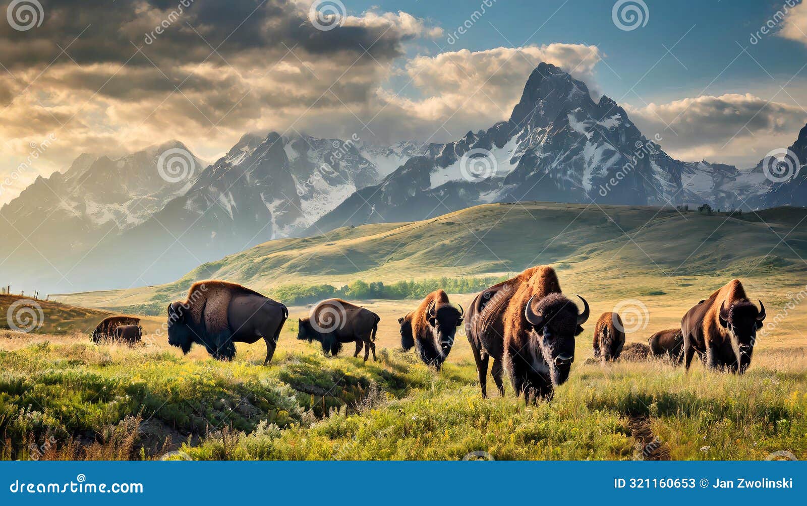 A Majestic Herd of Bison Grazes in a Field with a Dramatic Mountain ...