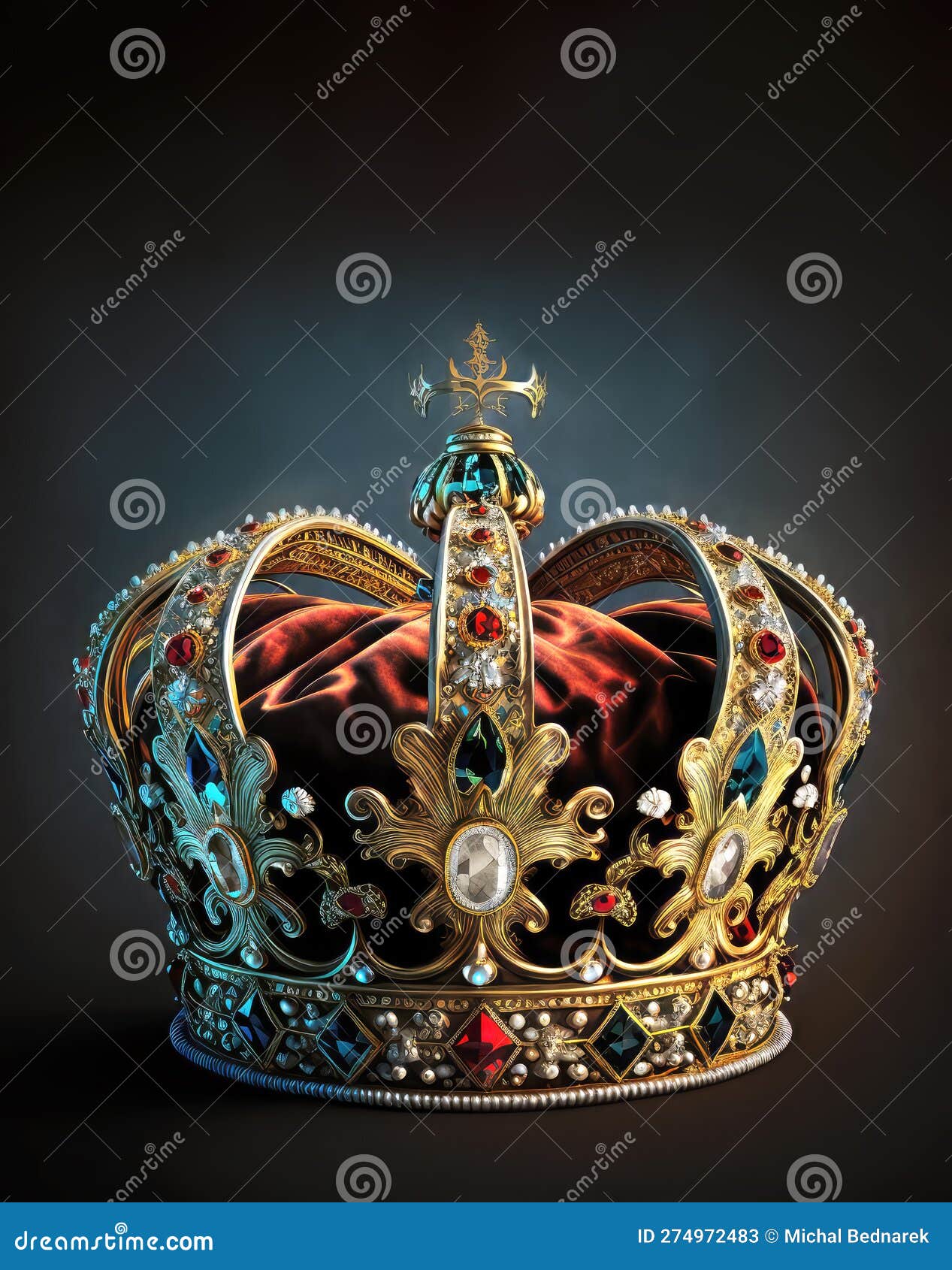 Majestic King In Gold Crown Standing And Holding Scepter, Fairytale Or ...