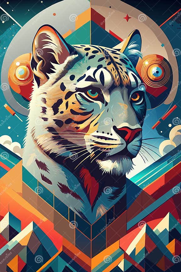 Majestic Leopard Portrait with Geometric Background and Cosmic Elements ...