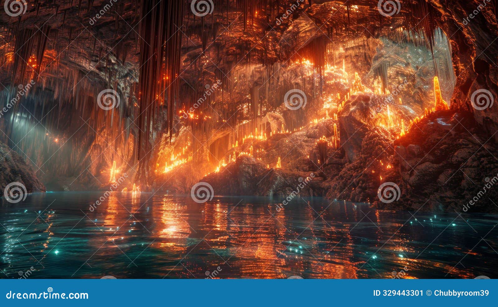 Majestic Limestone Cave with Torchlit Stalactites and Stalagmites Along ...