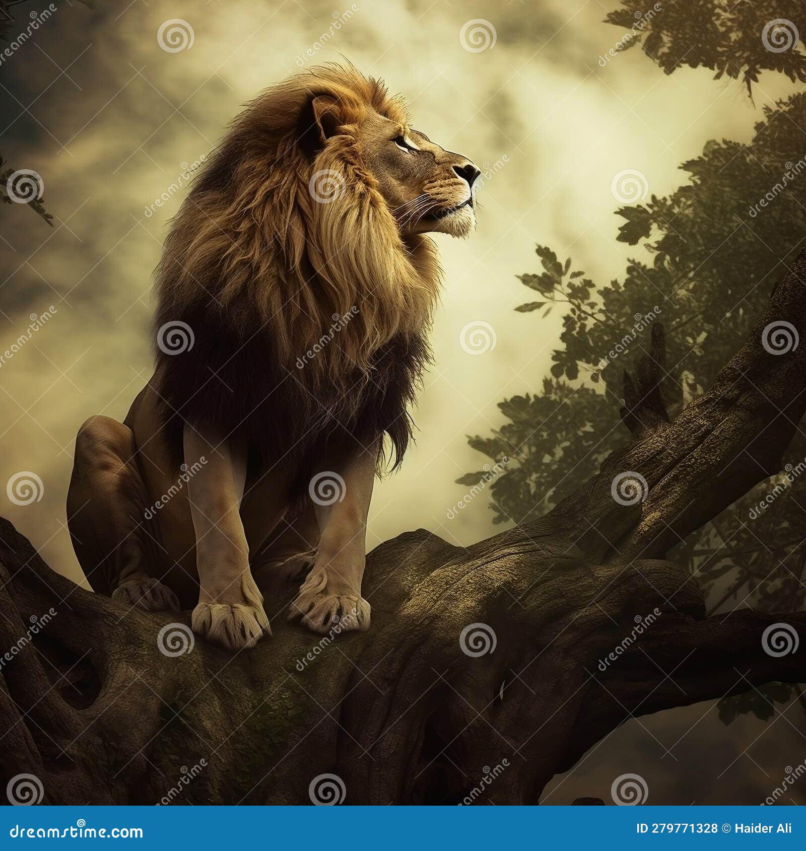 Majestic Lion Perched on a Tree. Generative AI Stock Illustration ...