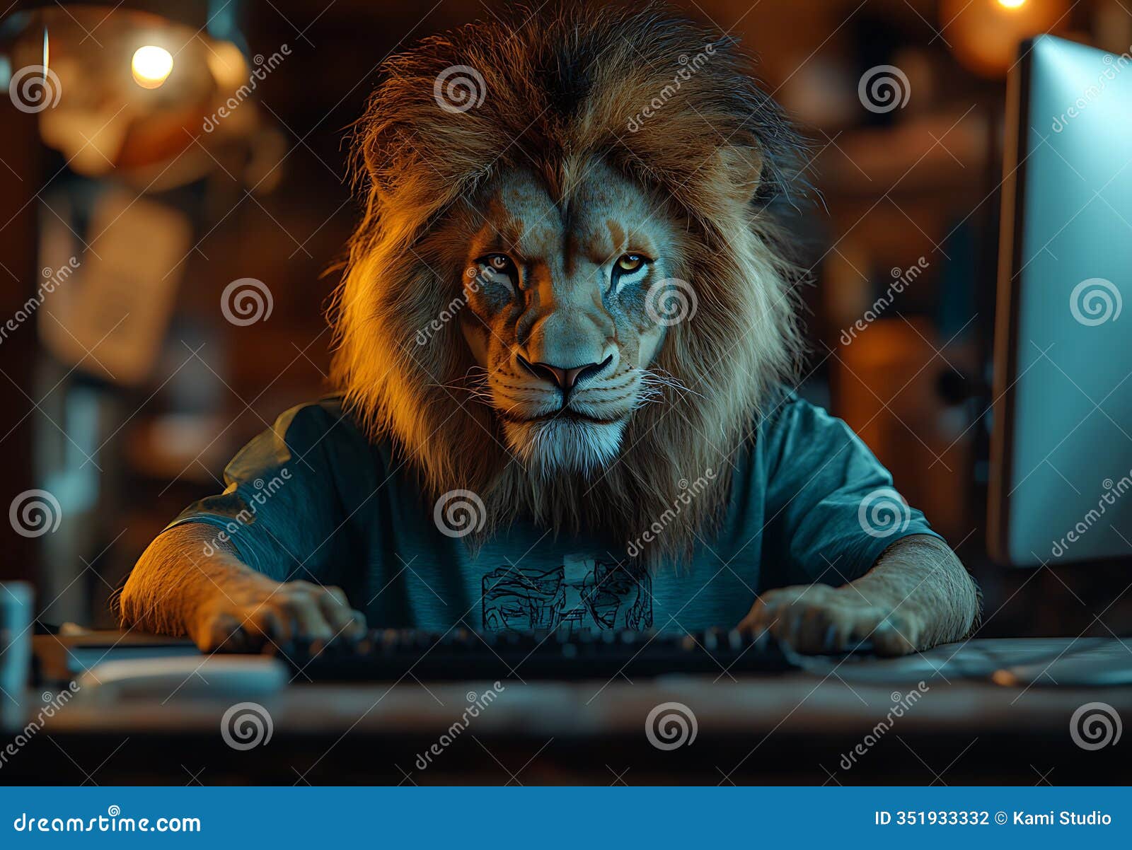 Majestic Lion Working on Computer in Dark Room a Surreal Digital Art ...