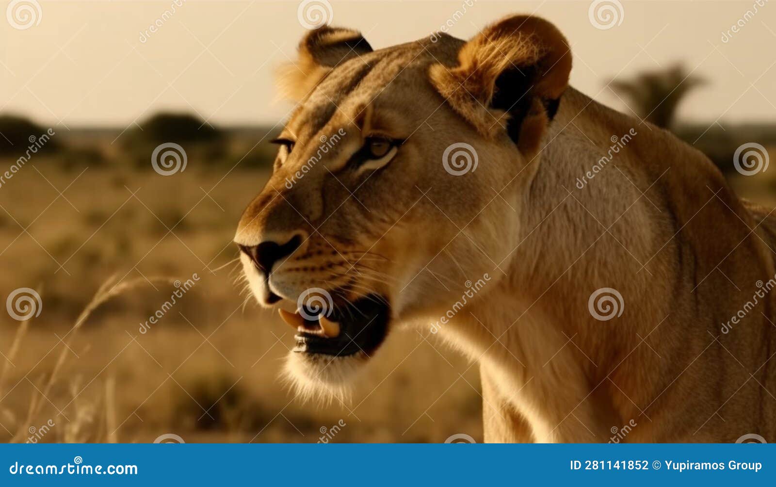 Majestic Lion Walking in the Savannah, Teeth Bared in Aggression ...