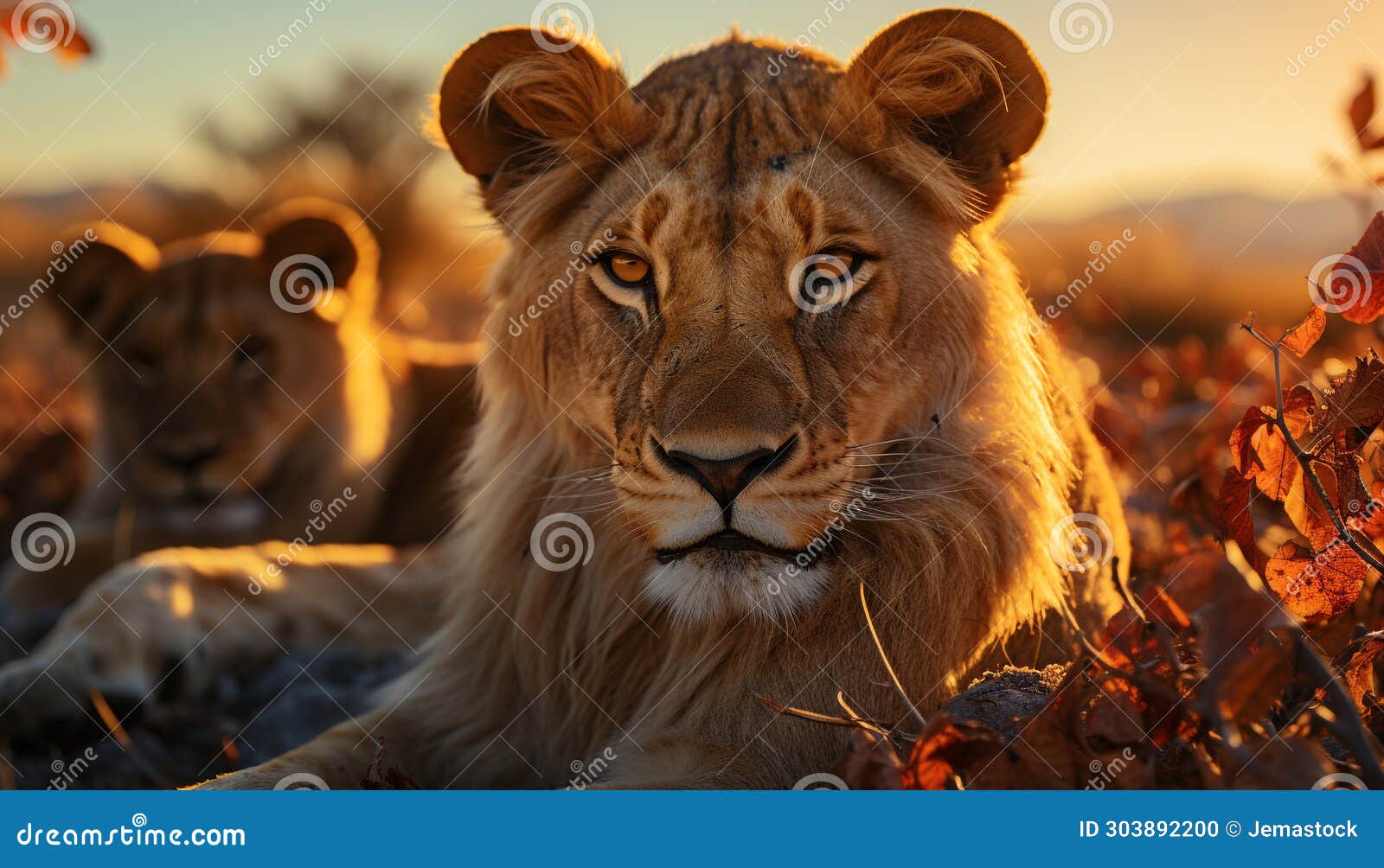 Majestic Lioness in the Wild, Looking at Camera, at Sunset Generated by ...