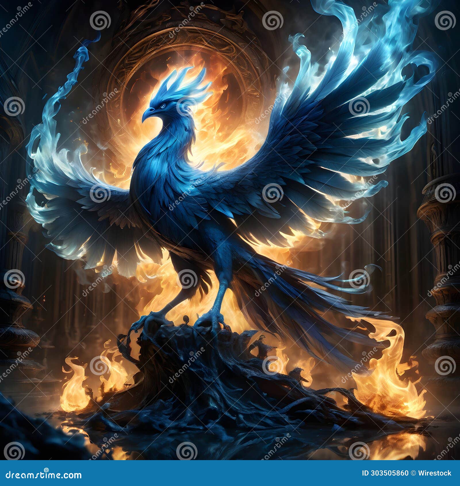 A Majestic Magical Bird Standing in Flames Stock Illustration ...