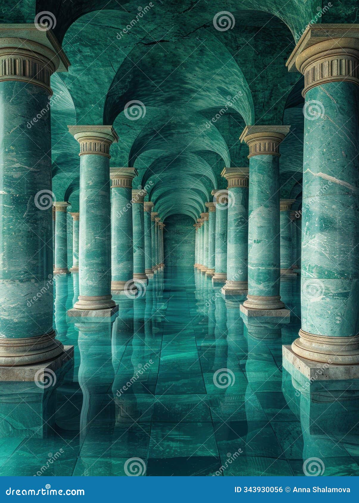 Majestic Marble Columns Reflecting in Serene Water Under an Arched ...