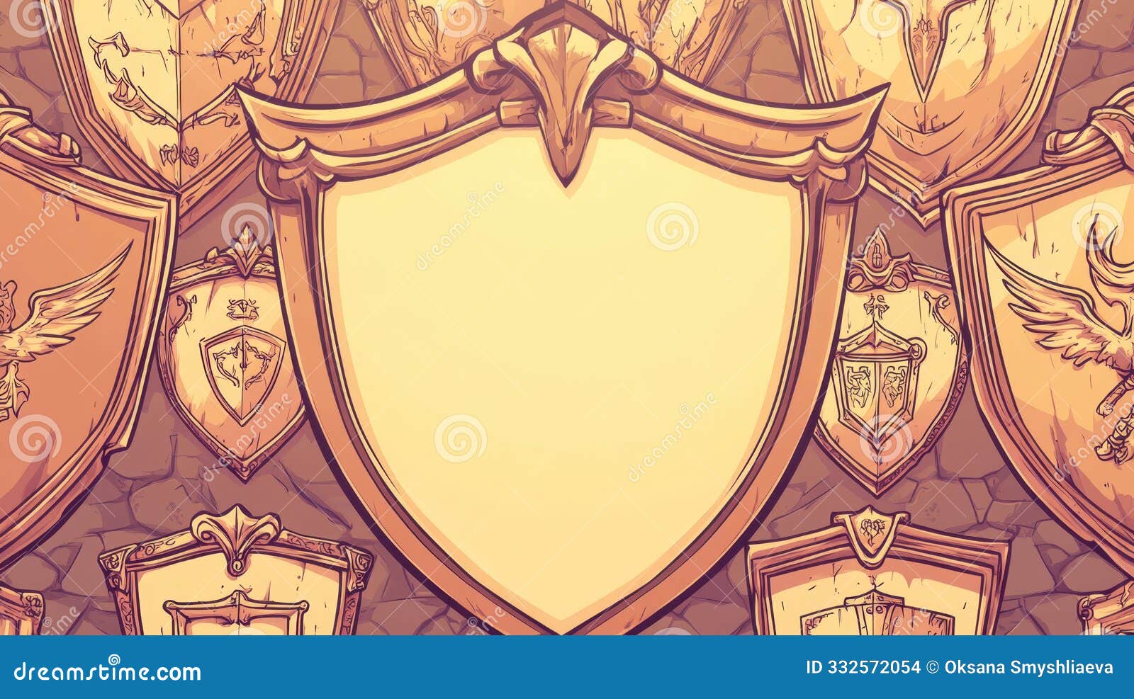 Majestic Medieval Heraldic Shields and Crests on Stone Wall Background ... Majestic Medieval Heraldic Shields and Crests on Stone Wall Background ...
