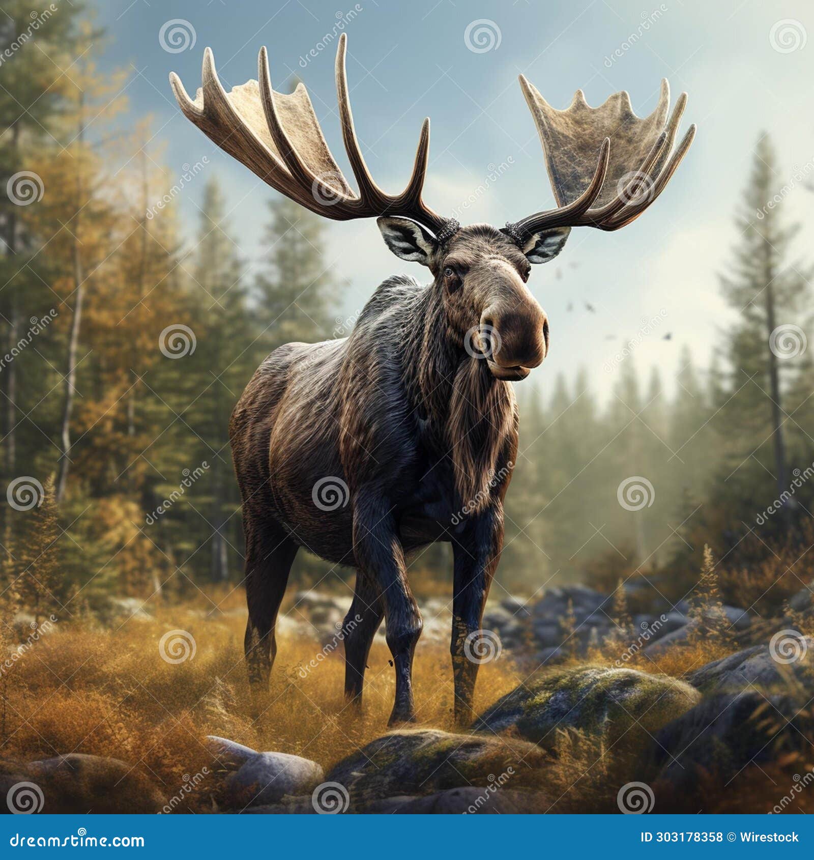 Majestic Moose Standing in a Grassy Field Surrounded by Tall Trees, AI ...