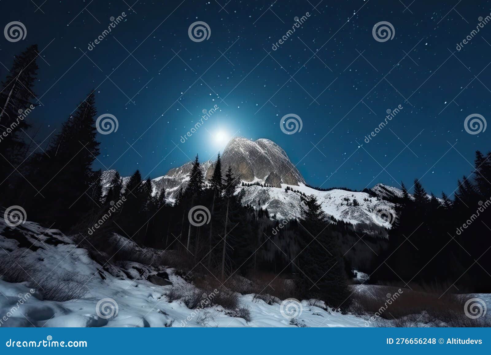 Majestic Mountain with Full Moon and Starry Night Sky Stock ...
