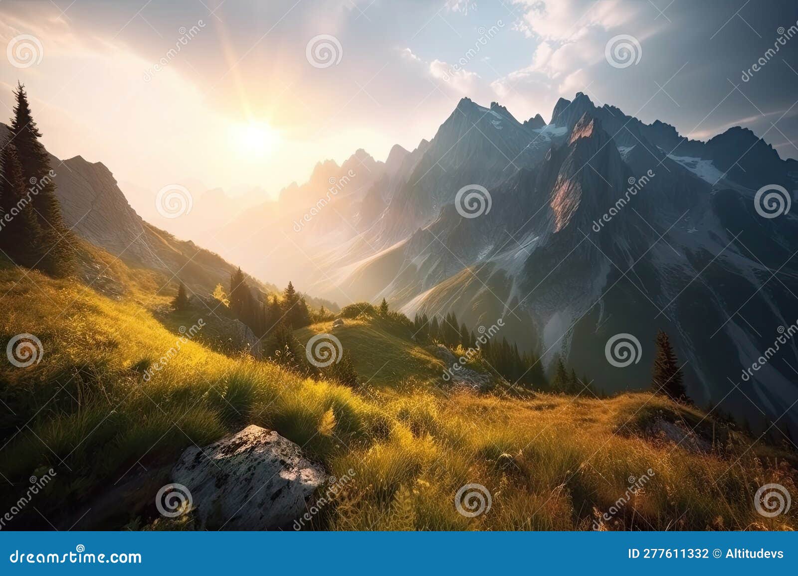 Majestic Mountain Landscape in Dawn, with the First Rays of Sunlight Illuminating the Peaks ...