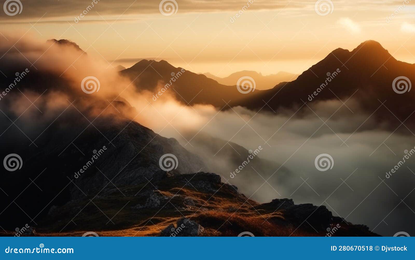 Majestic Mountain Range Backlit by Sunrise, a Tranquil Scene Generated ...
