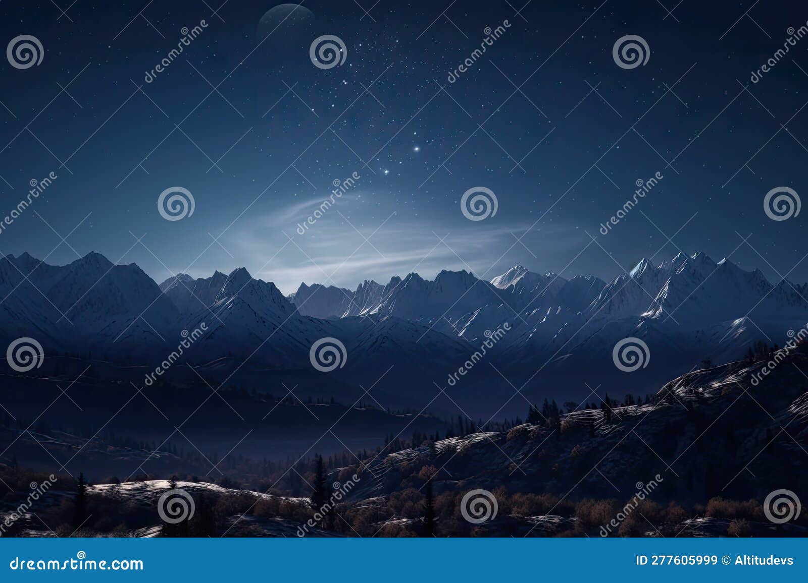 Majestic Mountain Range, with Moon and Stars Casting Their Light on the ...