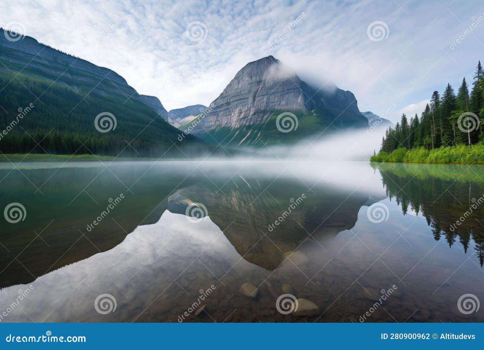Majestic Mountain Range Reflected in Still Lake, with Mist Overhead ...