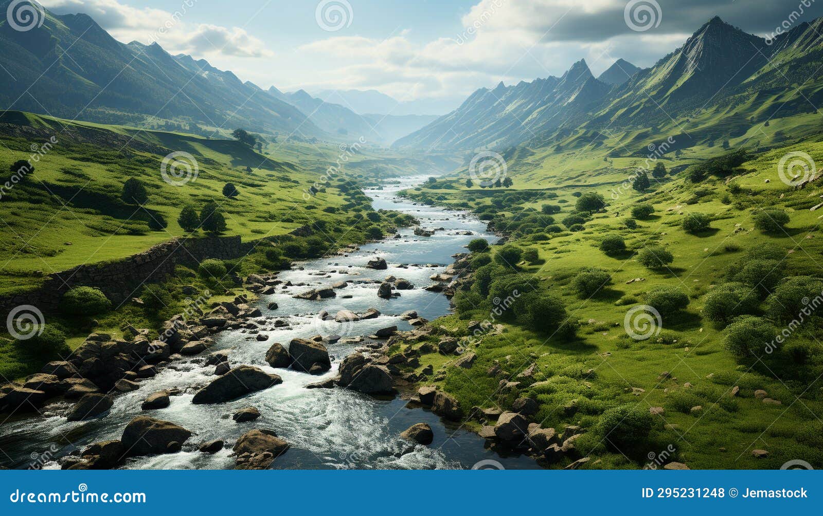 Majestic Mountain Range Reflects in Tranquil Flowing Water, Asturias ...