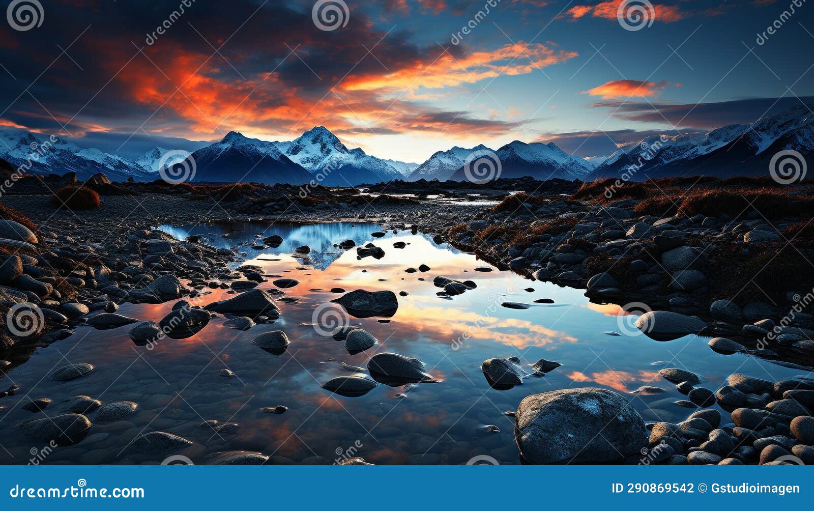 Majestic Mountain Range Reflects Tranquil Sunset on Water Surface ...