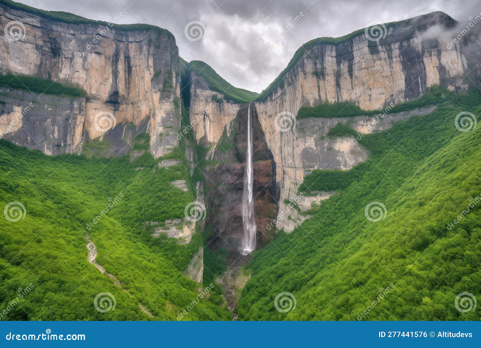 Majestic Mountain Range with a Waterfall Cascading Down the Cliff Face ...