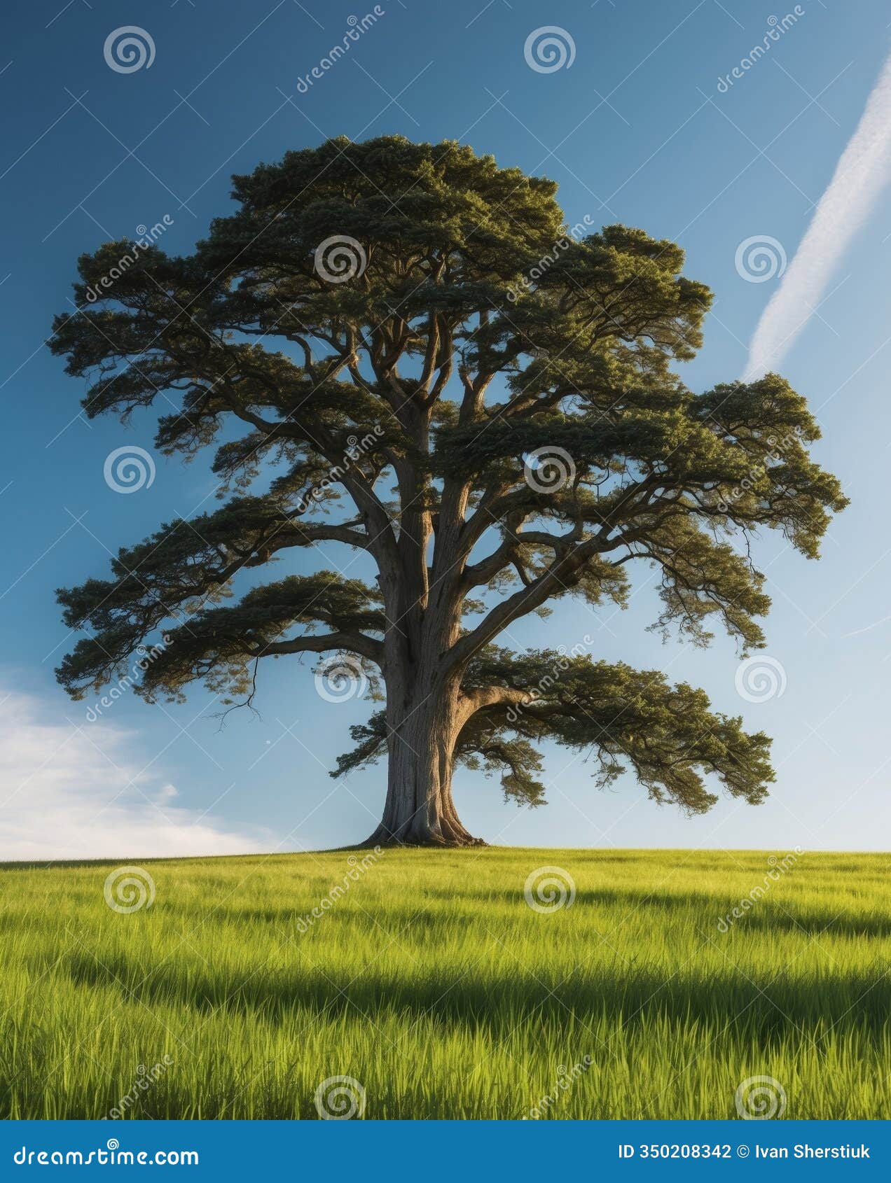 Majestic Oak Tree in Field of Grass Under Blue Sky Stock Photo - Image ...