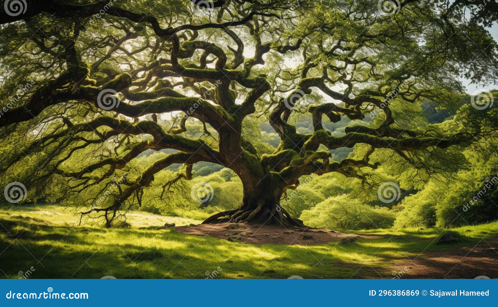A Majestic Oak Tree with Its Sprawling Branches in a Lush Forest ...