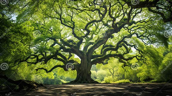 A Majestic Oak Tree with Its Sprawling Branches in a Lush Forest ...