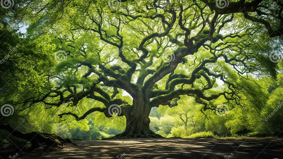 A Majestic Oak Tree with Its Sprawling Branches in a Lush Forest ...