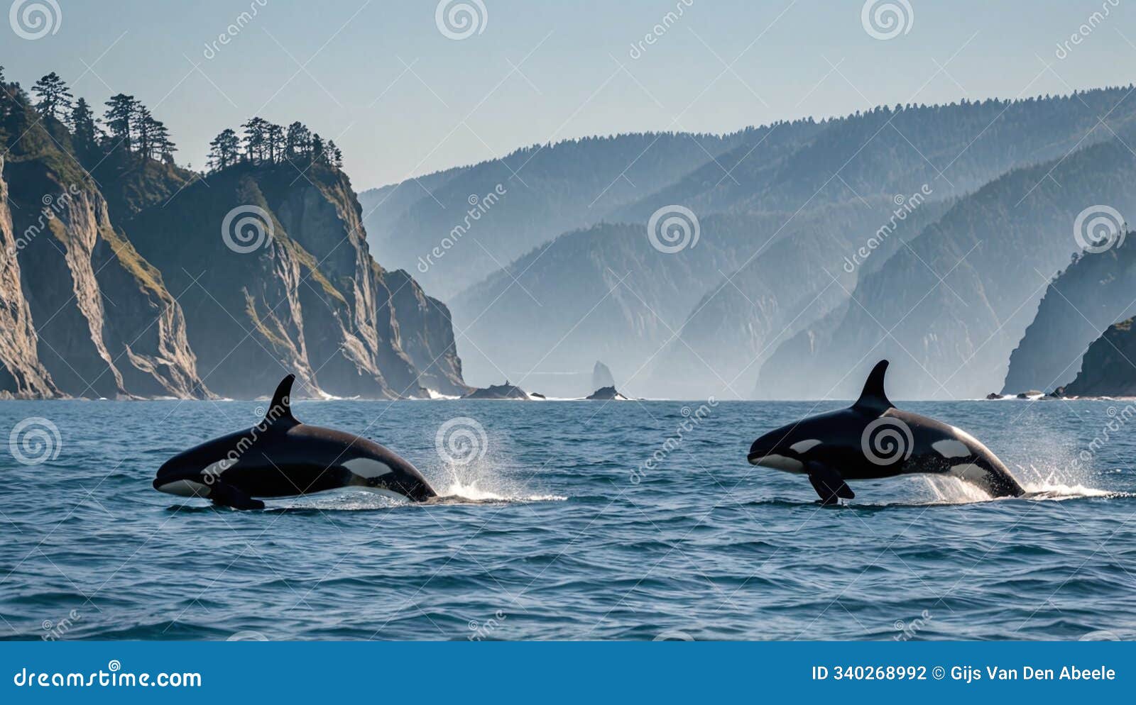 Majestic Orcas Leaping Against Mountain Backdrop Stock Photo ...