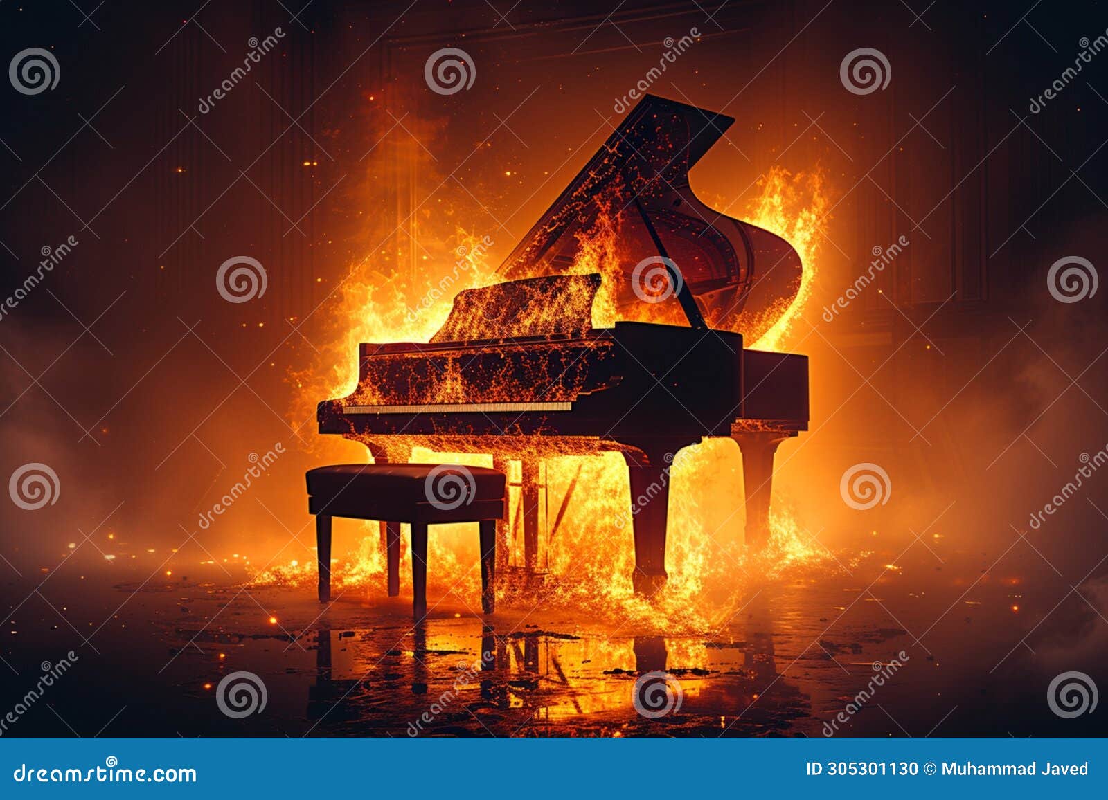Majestic Piano Engulfed in Fire Under a Spotlight Creates Dramatic ...