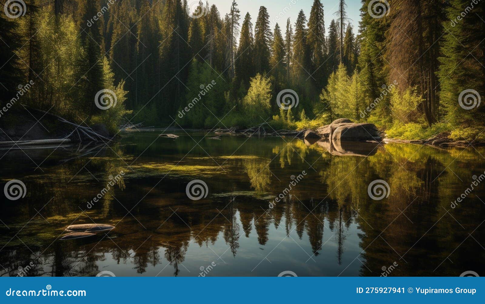 Majestic Pine Trees Reflect in Tranquil Waters Generated by AI Stock ...