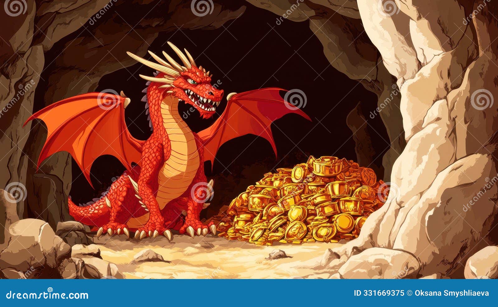 Majestic Red Dragon Guarding Treasure in Cave Stock Image - Image of ...