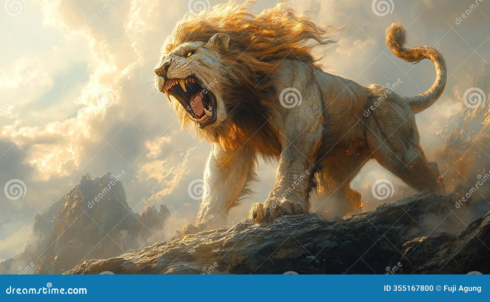 Majestic Roaring Lion on Mountain Peak at Sunset Stock Illustration ...