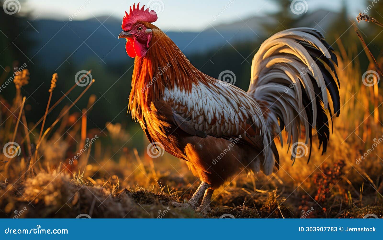A Majestic Rooster Crowing at Sunrise in a Rural Meadow Generated by AI ...