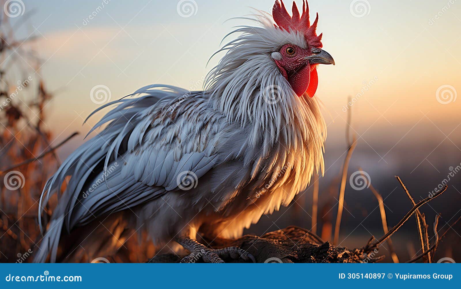Majestic Rooster Crowing at Sunrise, Surrounded by Colorful Feathers ...