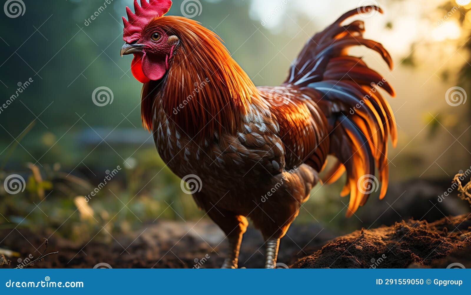 Majestic Rooster Standing in Farm, Crowing with Aggression Generated by ...