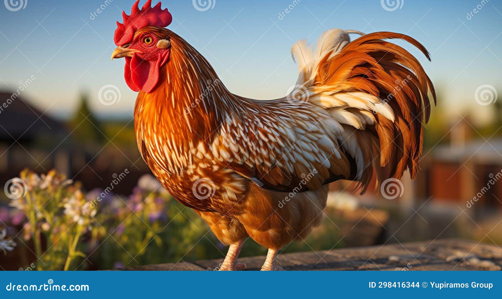 Majestic Rooster Standing in the Farm, Crowing at Sunrise Generated by ...